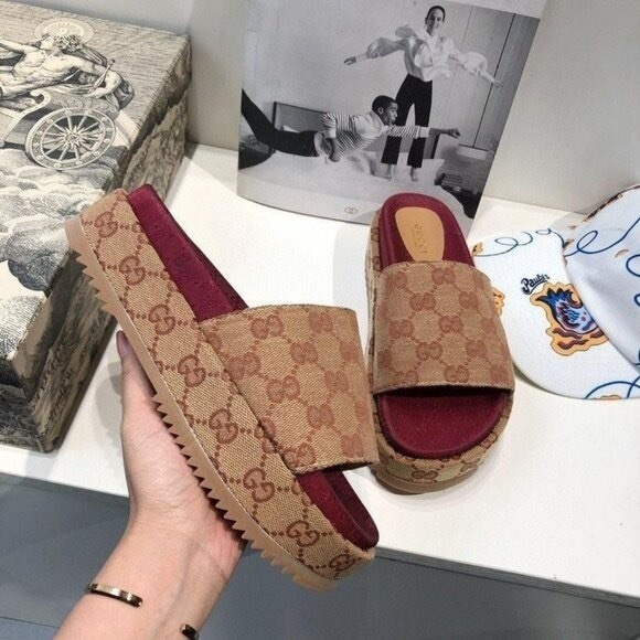 Gucci | Shoes | Gucci Monogram Angelina Platform Sandals Slides | Poshmark